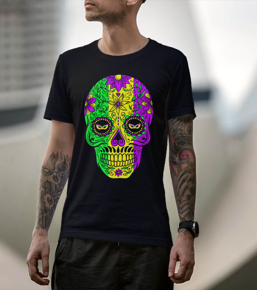 Mardi Gras Sugar Skull With Jester Hat Design And Colorful Floral T-Shirt