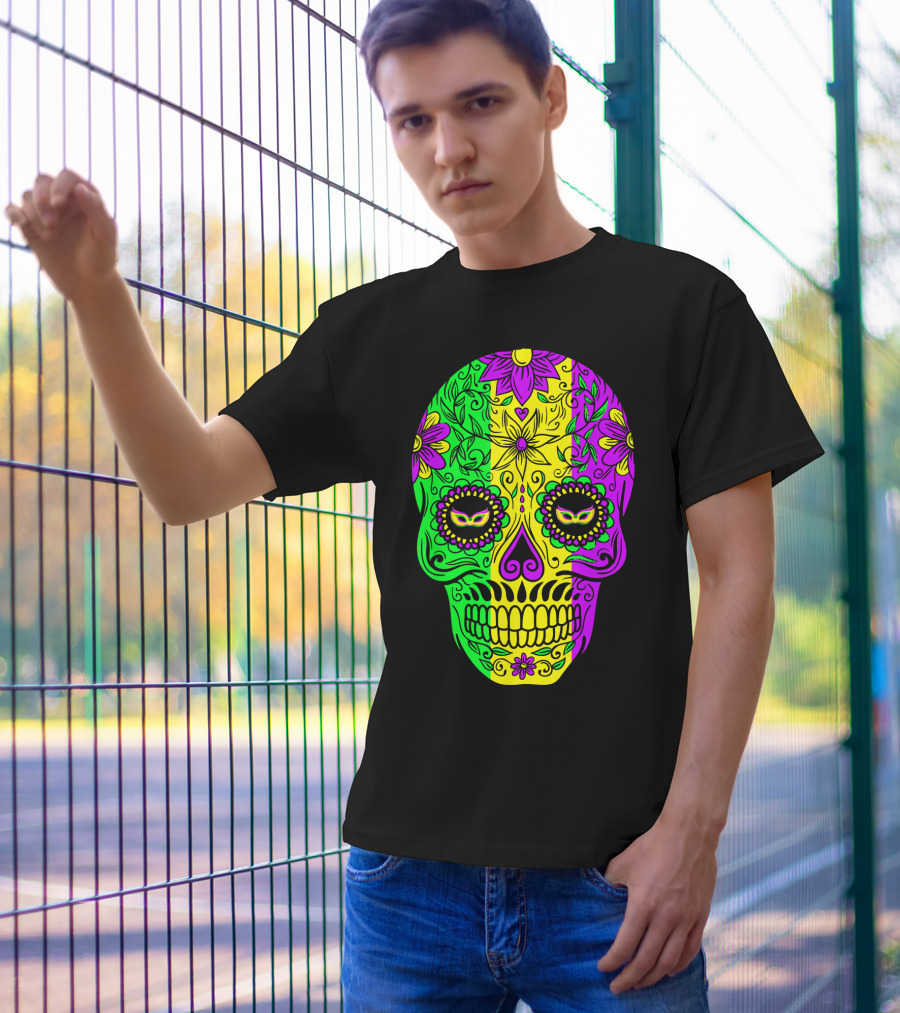 Mardi Gras Sugar Skull With Jester Hat Design And Colorful Floral T-Shirt