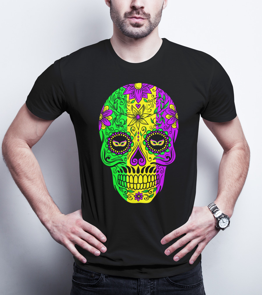 Mardi Gras Sugar Skull With Jester Hat Design And Colorful Floral T-Shirt