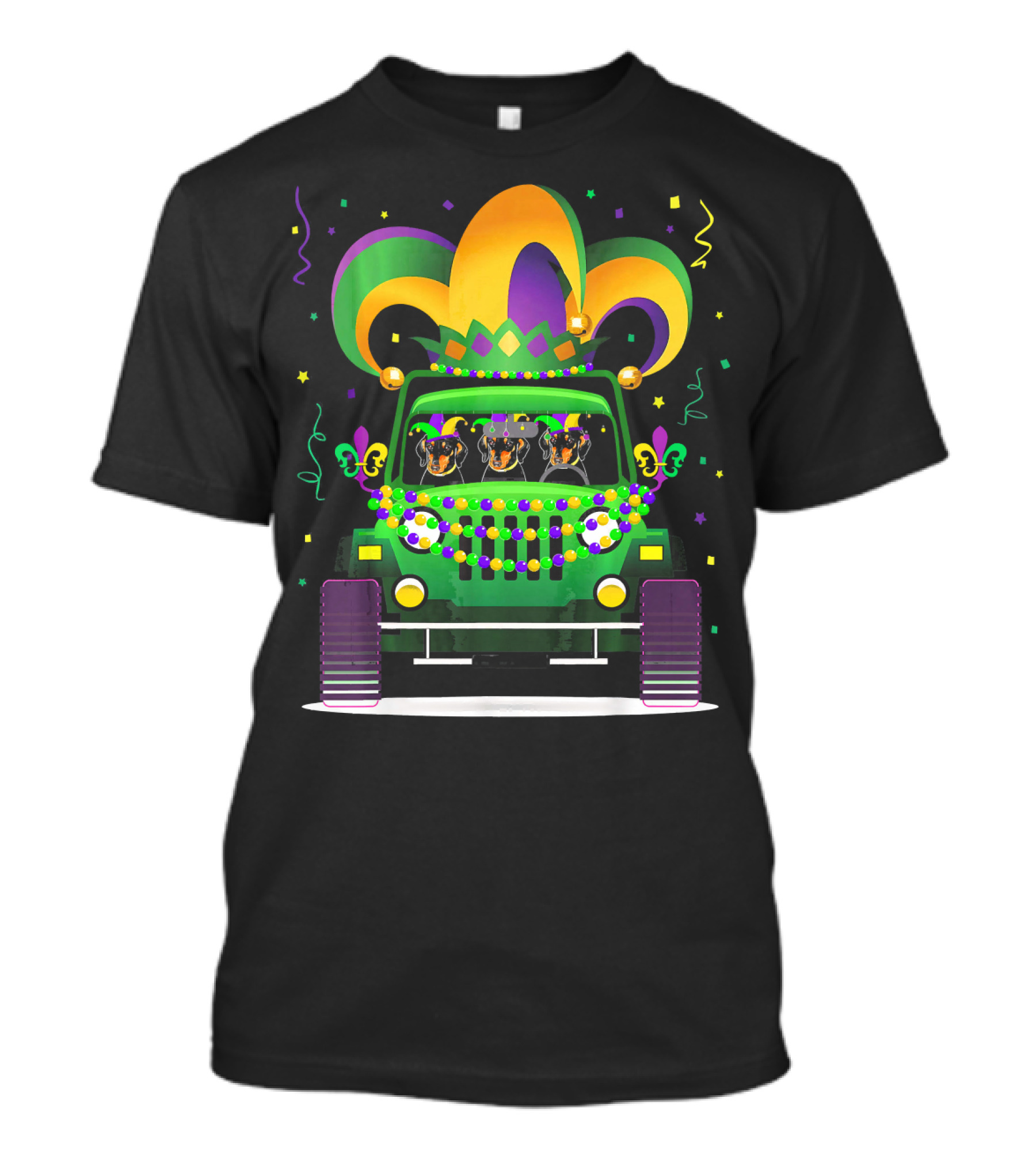 Dachshund Riding Jeep Mardi Gras Beads Jester Hat T-Shirt
