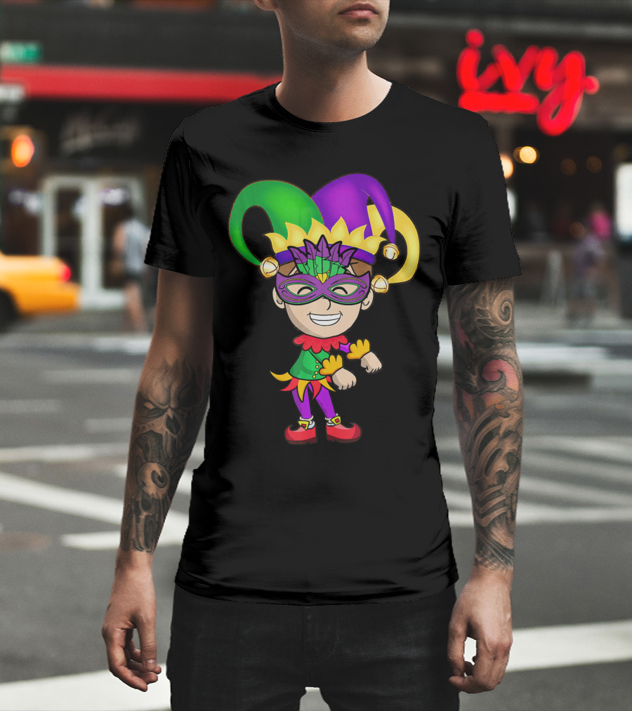 Mardi Gras Jester Kid Flossing Dance Colorful Mask And Costume T-Shirt