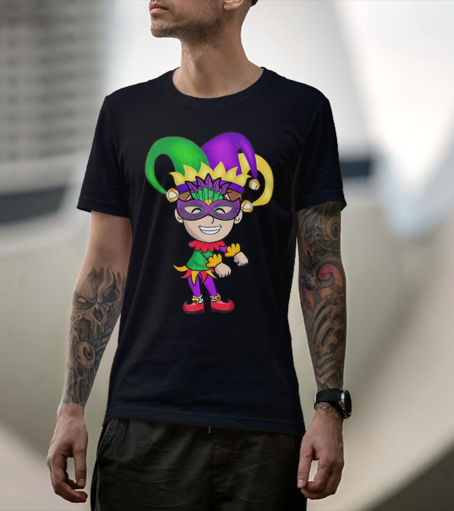 Mardi Gras Jester Kid Flossing Dance Colorful Mask And Costume T-Shirt