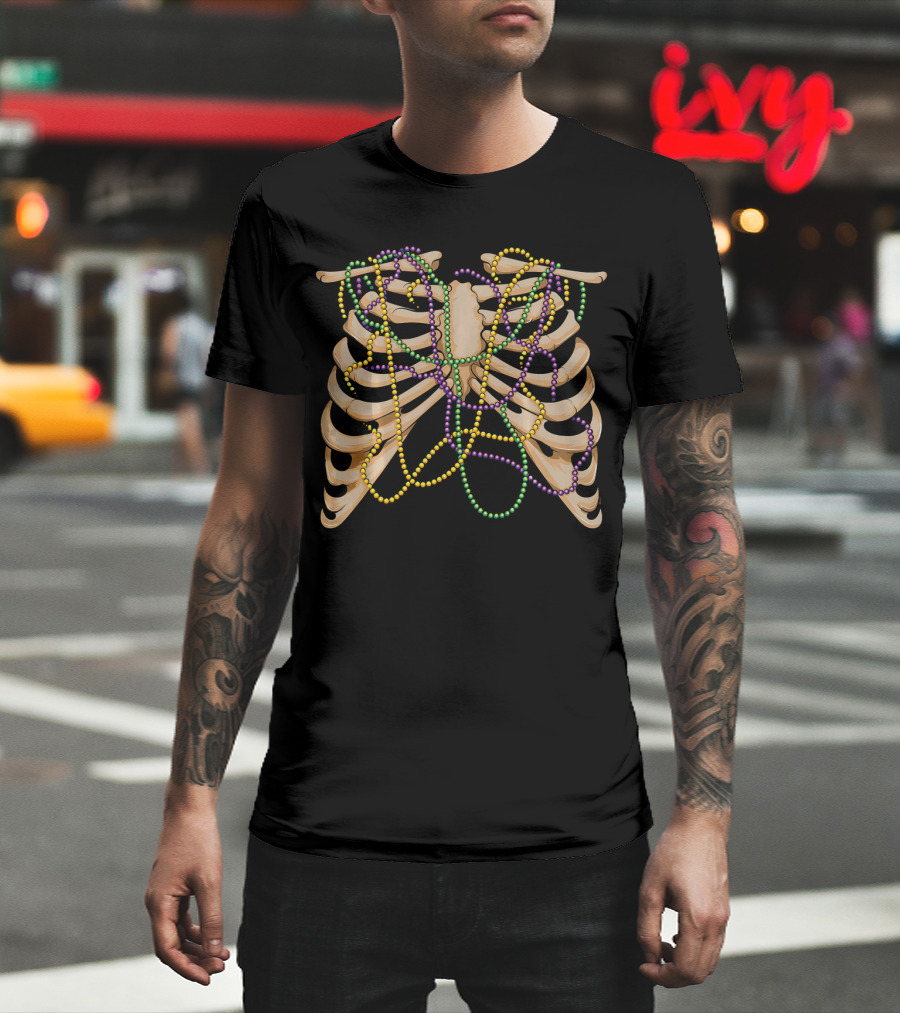 Mardi Gras Rib Cage Bone Skeleton Beads T-Shirt