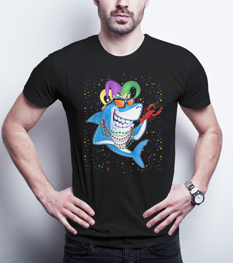 Funny Shark Mardi Gras Jester Beads Crawfish T-Shirt