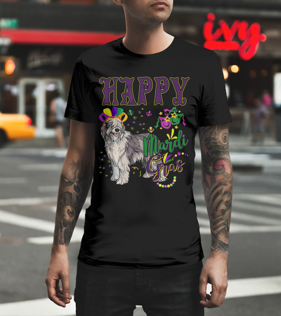 HAPPY Mardi Gras Olde English Sheepdog Mask Beads T-Shirt