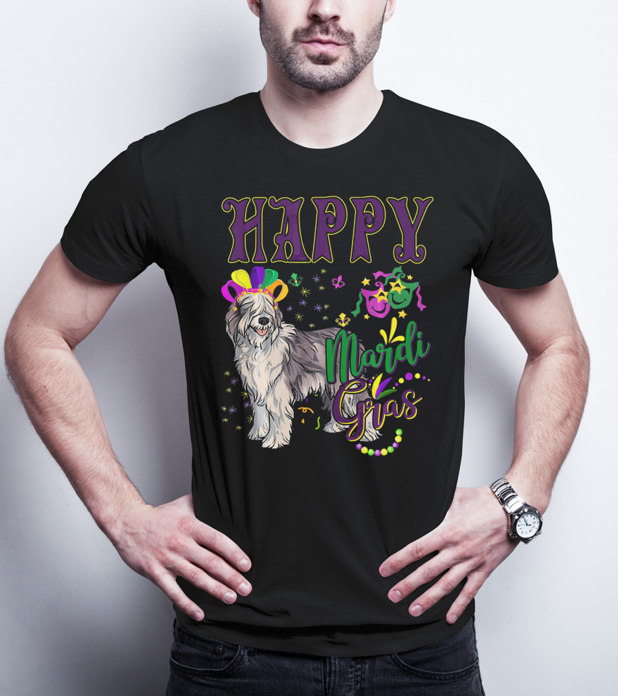HAPPY Mardi Gras Olde English Sheepdog Mask Beads T-Shirt