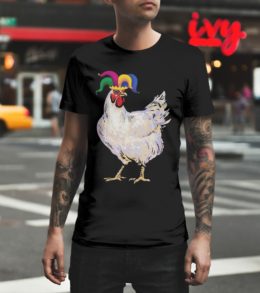 Funny Mardi Gras Chicken Wearing Colorful Jester Hat T-Shirt
