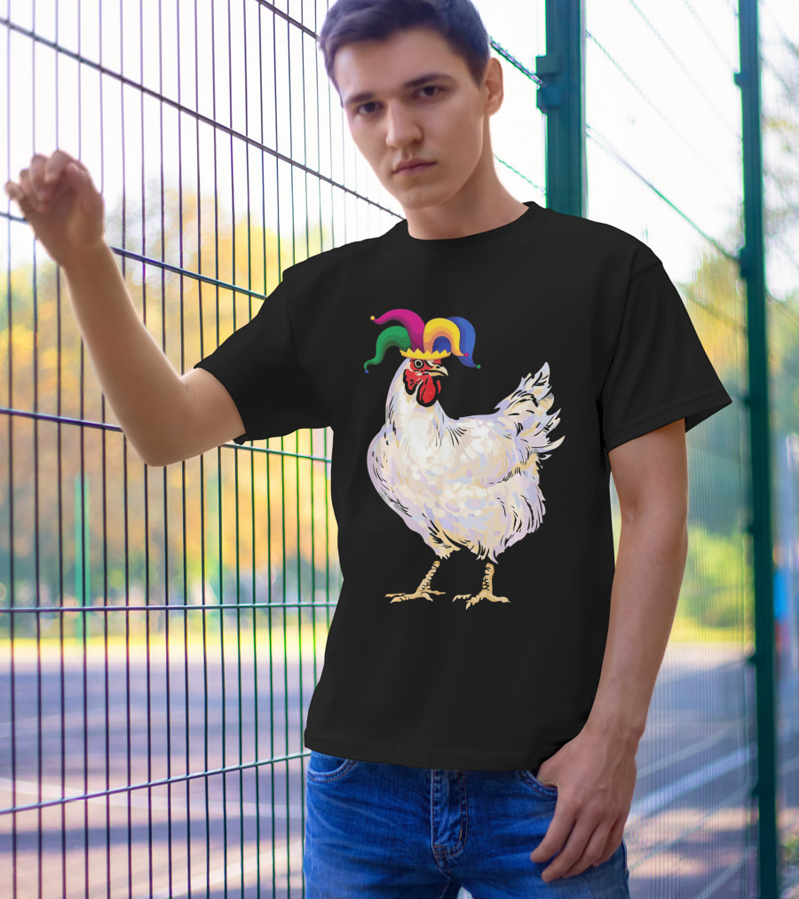 Funny Mardi Gras Chicken Wearing Colorful Jester Hat T-Shirt