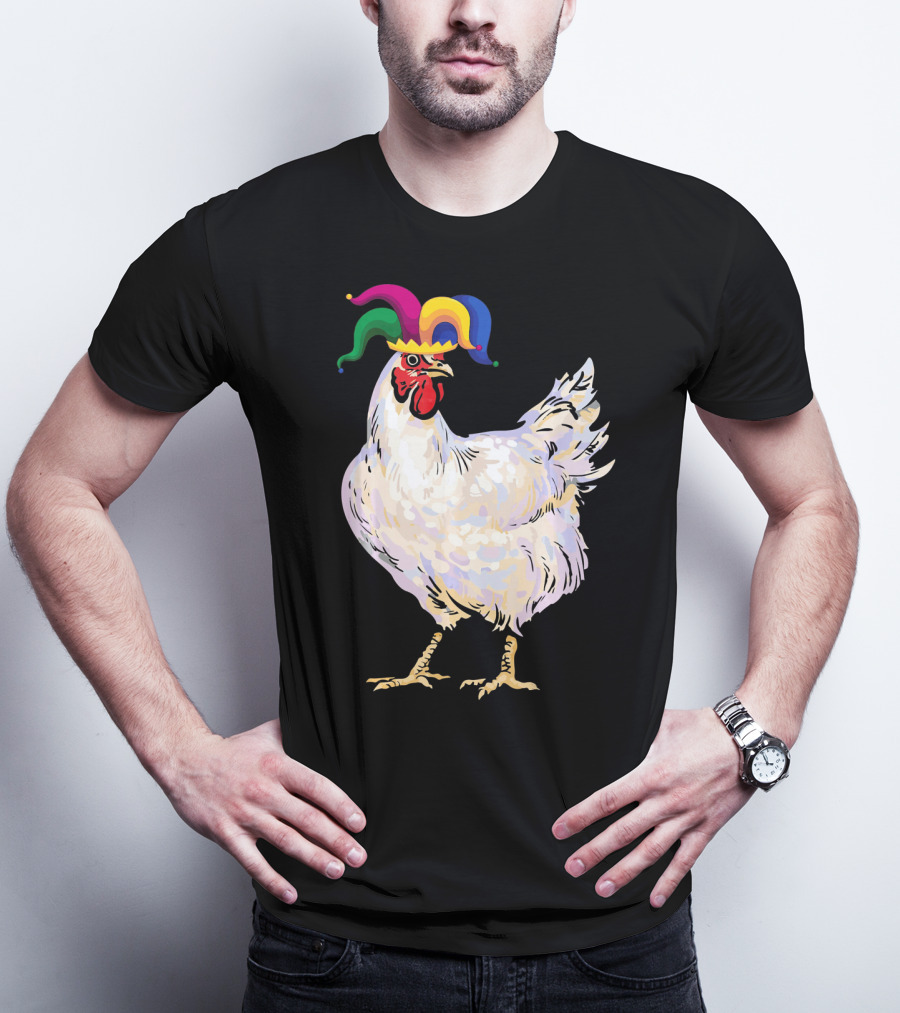 Funny Mardi Gras Chicken Wearing Colorful Jester Hat T-Shirt