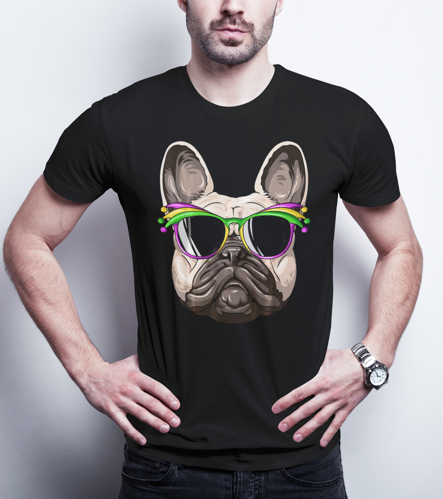 French Bulldog With Mardi Gras Jester Sunglasses T-Shirt