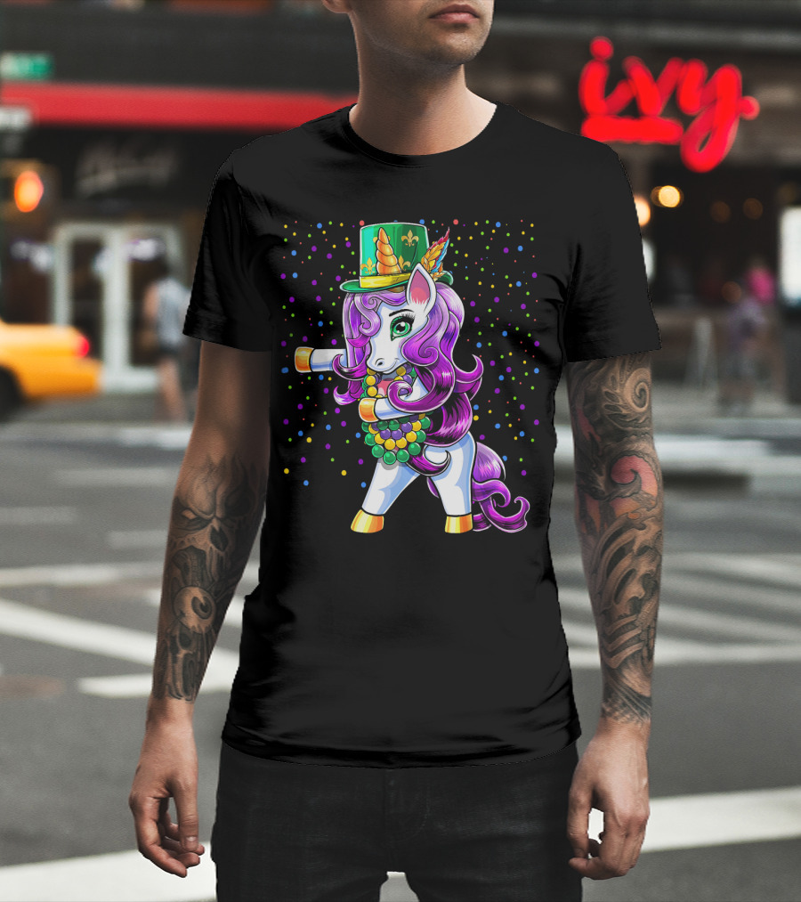 Mardi Gras Unicorn Flossing With Jester Hat And Beads T-Shirt