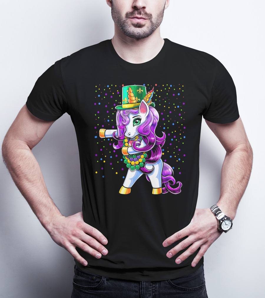 Mardi Gras Unicorn Flossing With Jester Hat And Beads T-Shirt