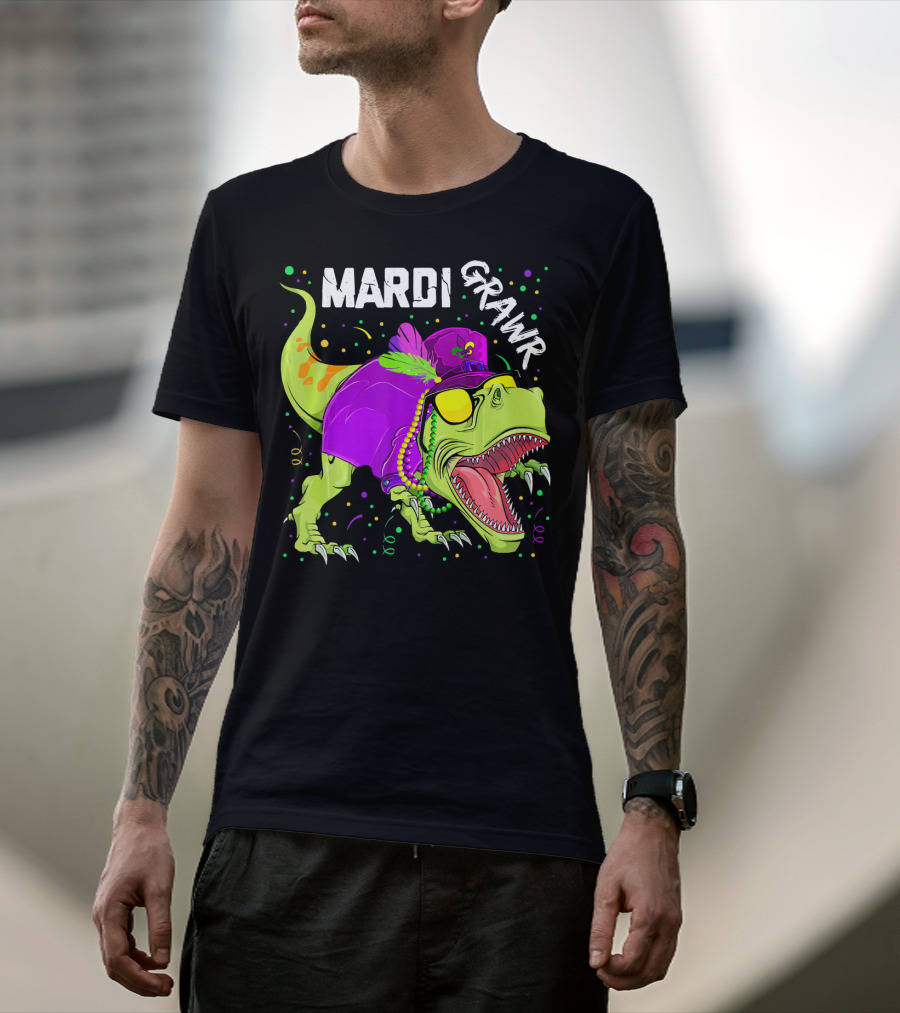 Mardi Grawr Dinosaur Mardi Gras Beads Cosplay Party T-Shirt