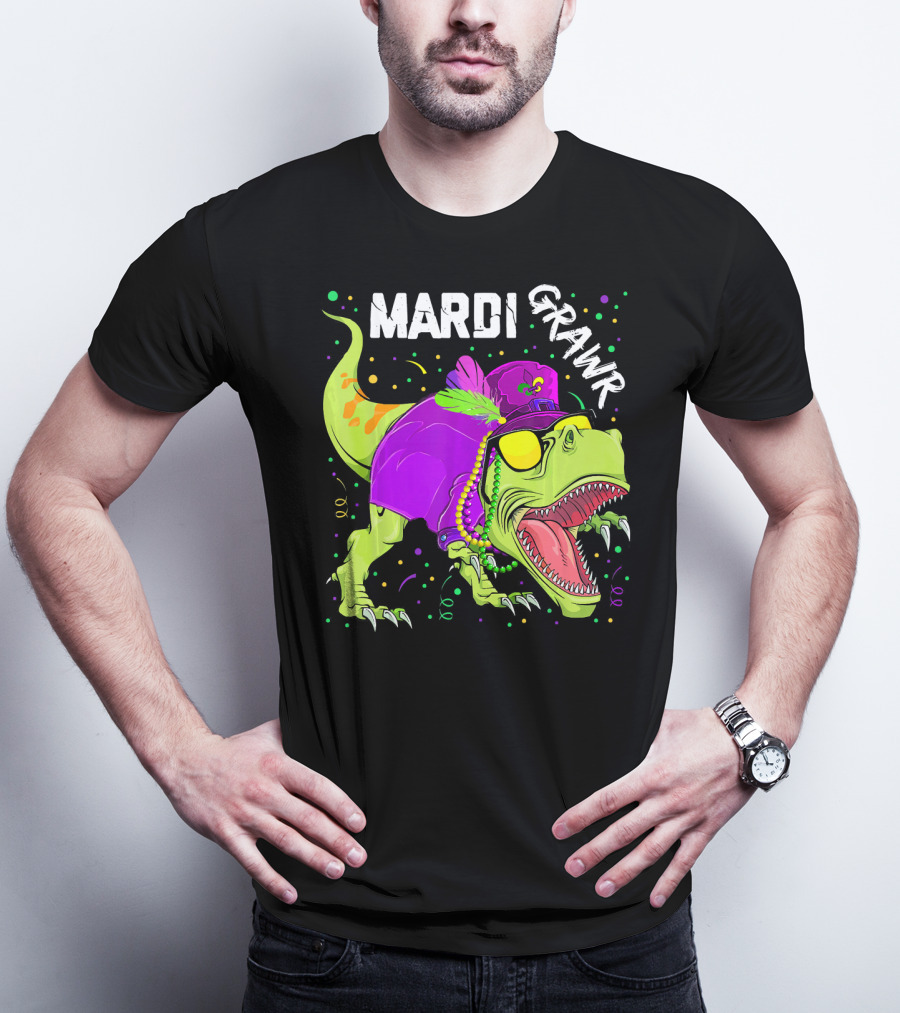Mardi Grawr Dinosaur Mardi Gras Beads Cosplay Party T-Shirt