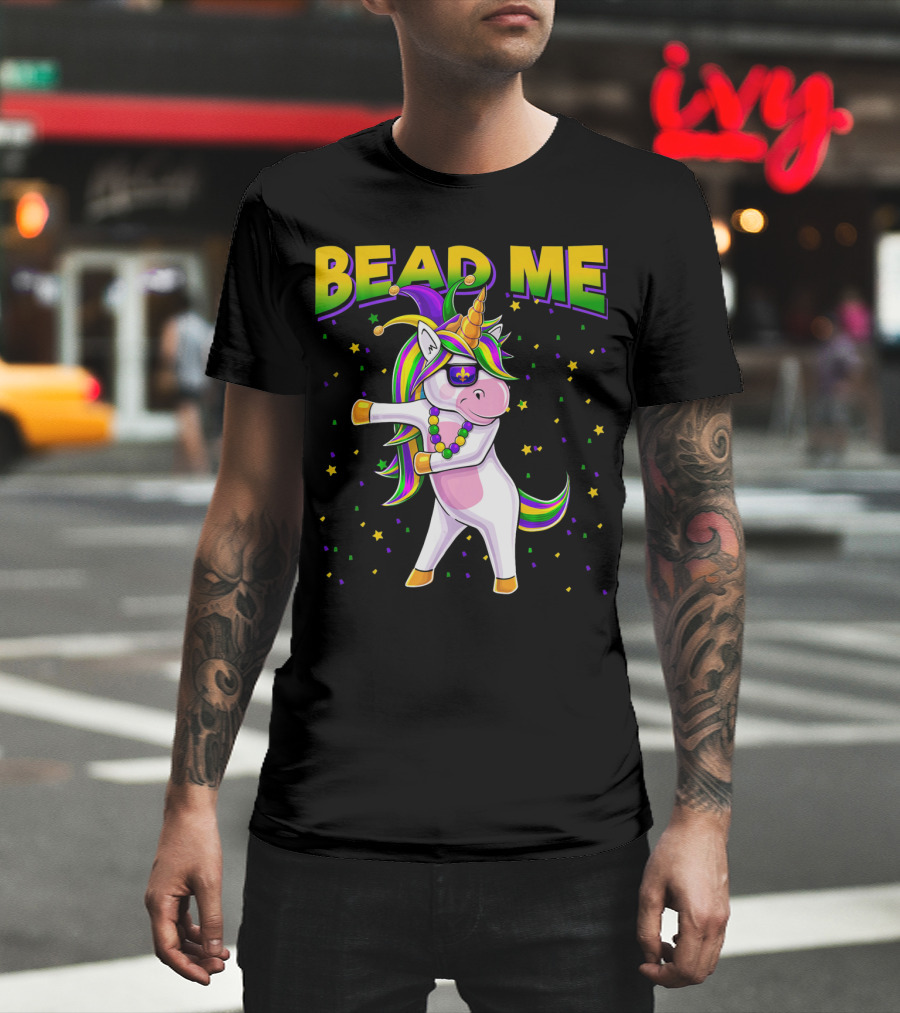 Bead Me Mardi Gras Flossing Unicorn Jest Fleur-de-lis Stars T-Shirt