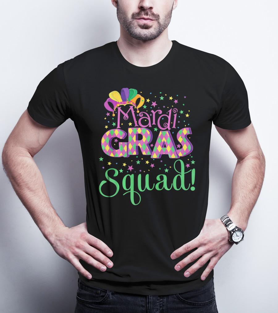 Mardi Gras Squad Funny Carnival Colorful Jester Hat And Stars T-Shirt
