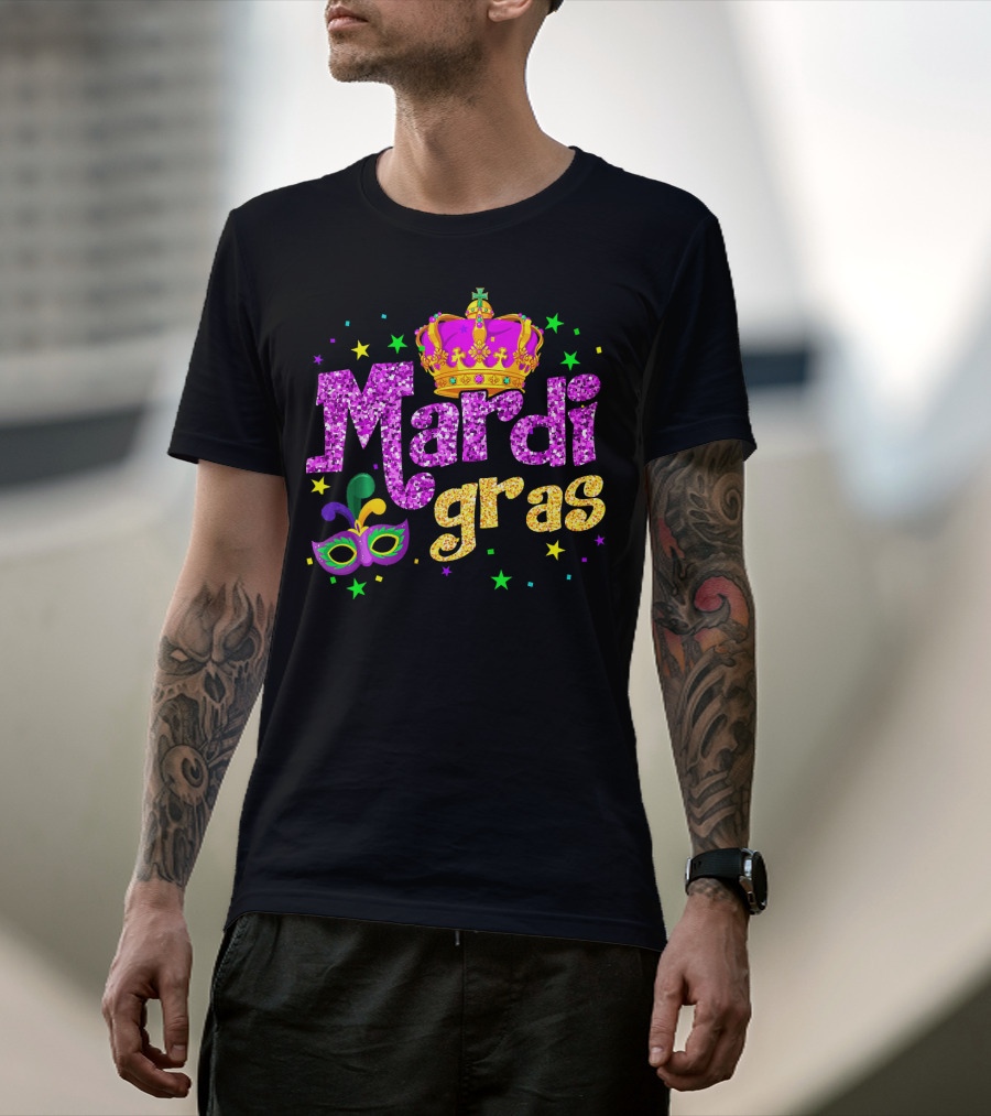 Mardi Gras Crown Glitter Mask Stars T-Shirt
