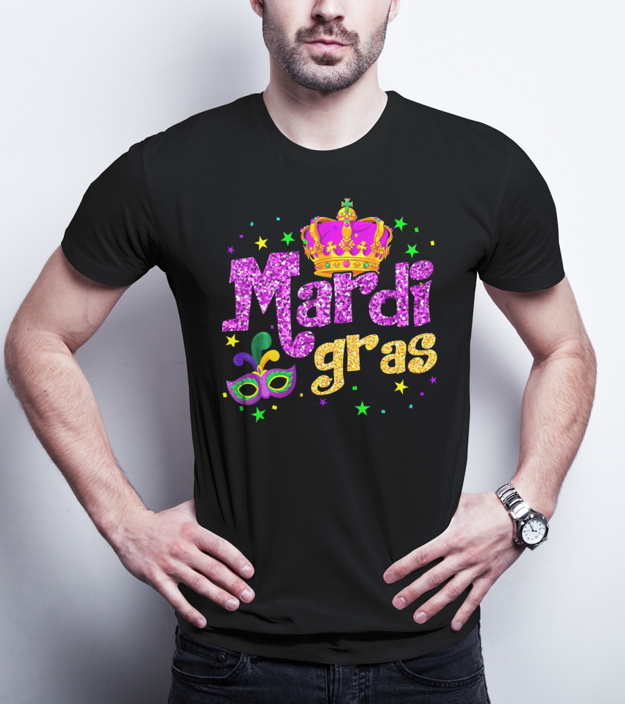 Mardi Gras Crown Glitter Mask Stars T-Shirt