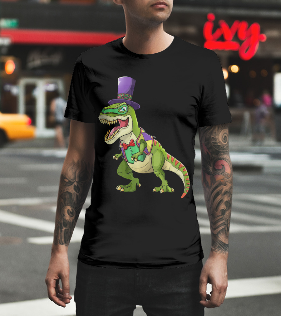 Mardi Gras Dinosaur Wearing Top Hat And Bow Tie T-Shirt