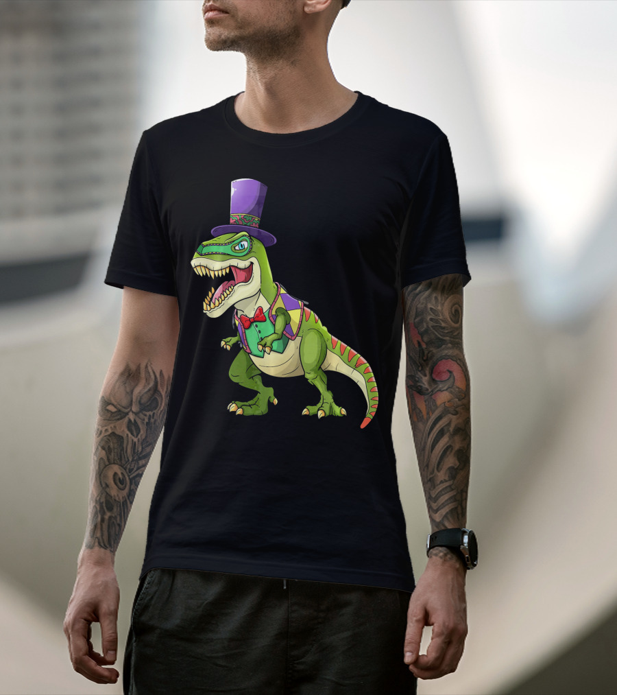 Mardi Gras Dinosaur Wearing Top Hat And Bow Tie T-Shirt