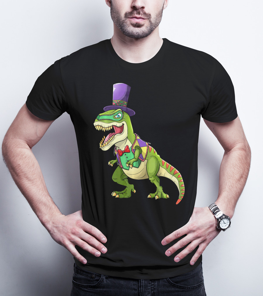 Mardi Gras Dinosaur Wearing Top Hat And Bow Tie T-Shirt