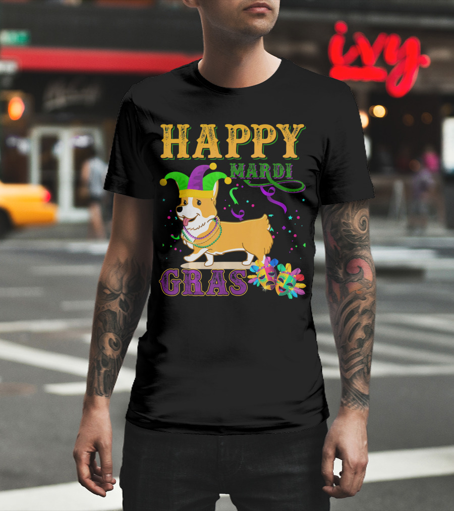 Happy Mardi Gras Welsh Corgi Costume Party T-Shirt