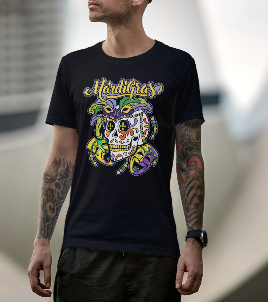 Mardi Gras Sugar Skull With Beads And Mask T-Shirt