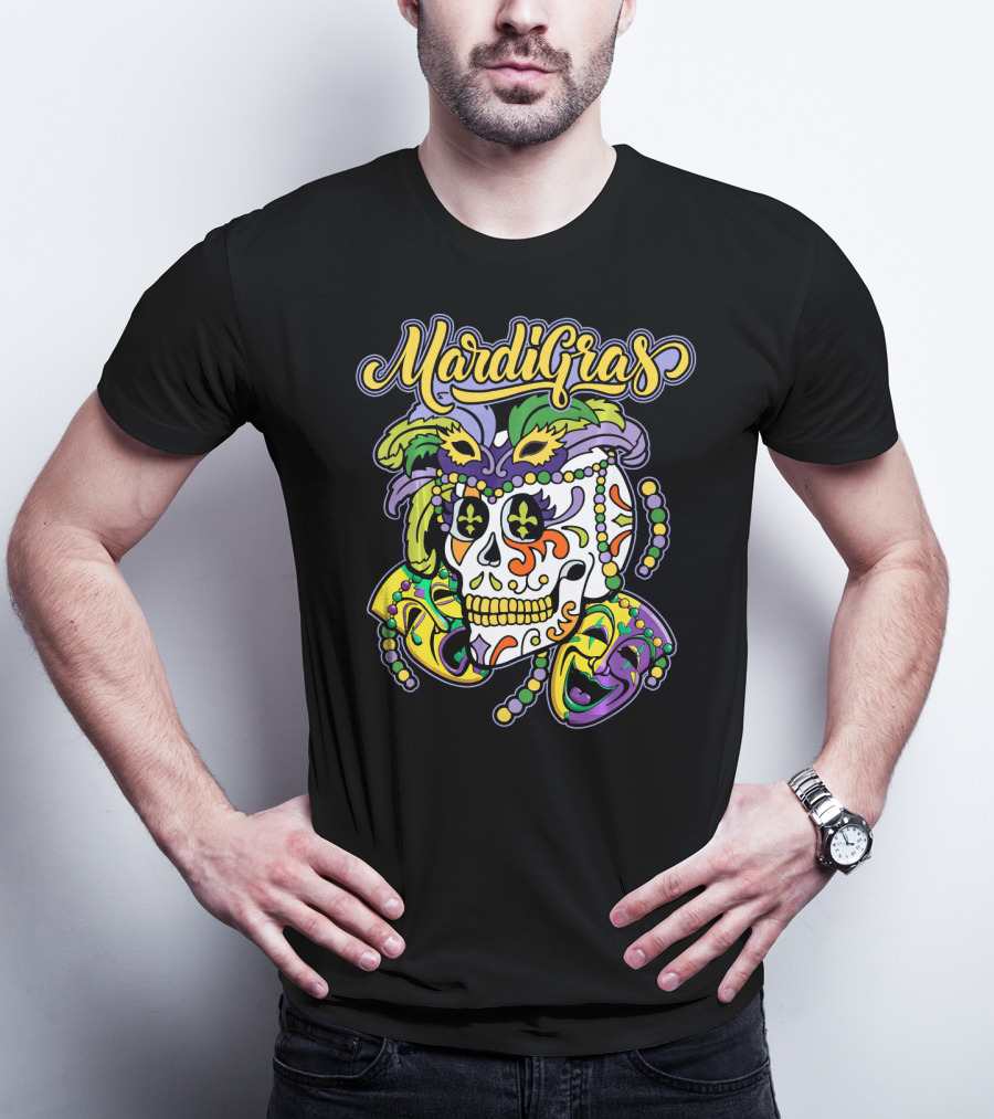 Mardi Gras Sugar Skull With Beads And Mask T-Shirt