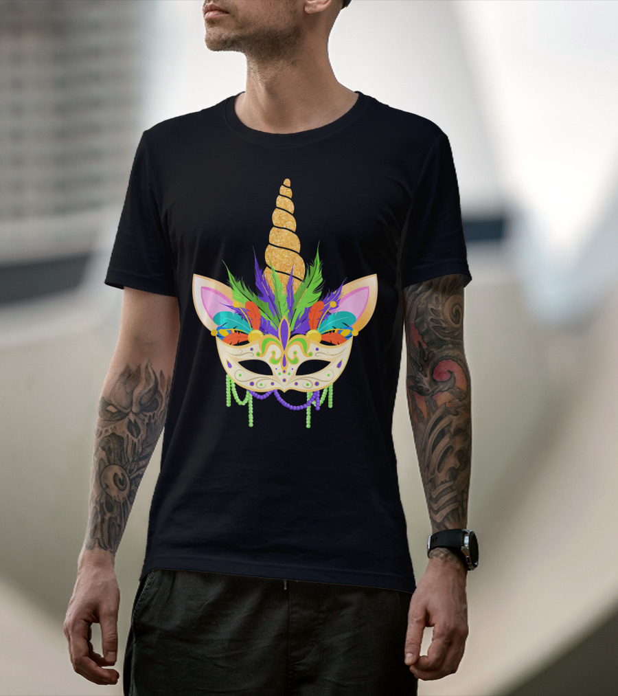 Unicorn Mask With Feathers And Beads Mardi Gras T-Shirt