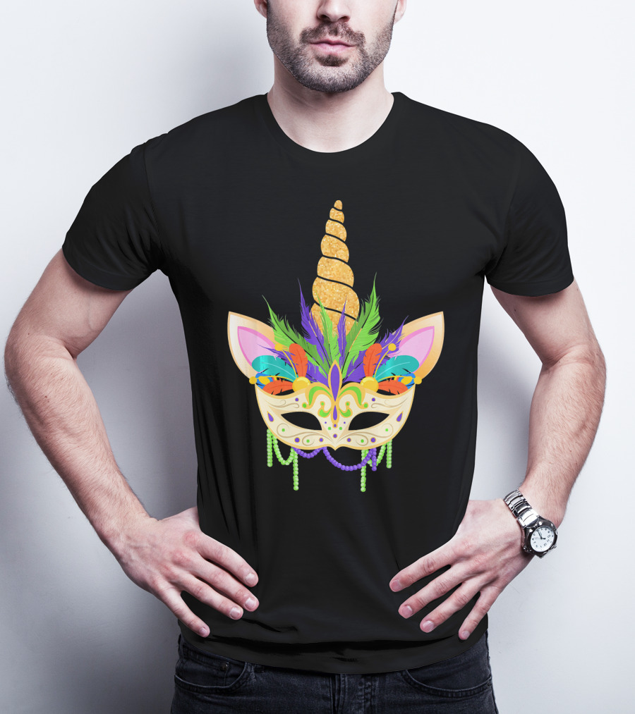 Unicorn Mask With Feathers And Beads Mardi Gras T-Shirt