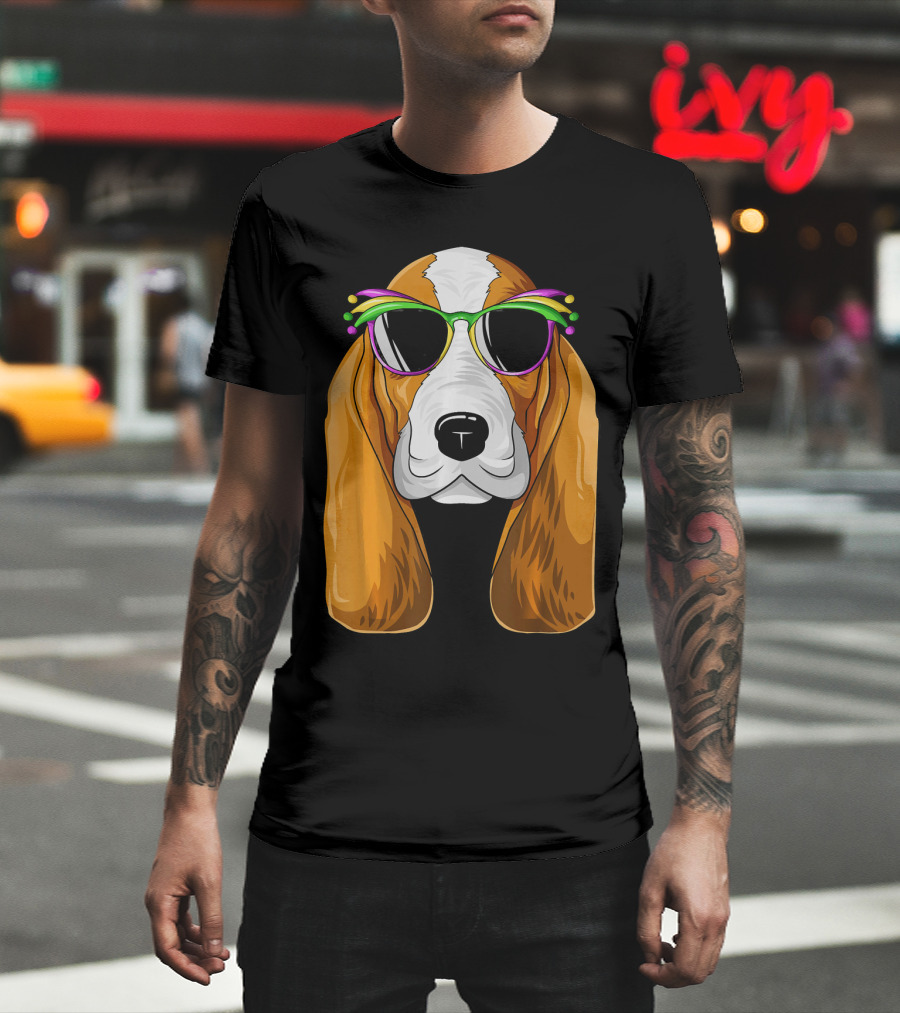 Basset Hound With Mardi Gras Carnival Mask And Sunglasses T-Shirt