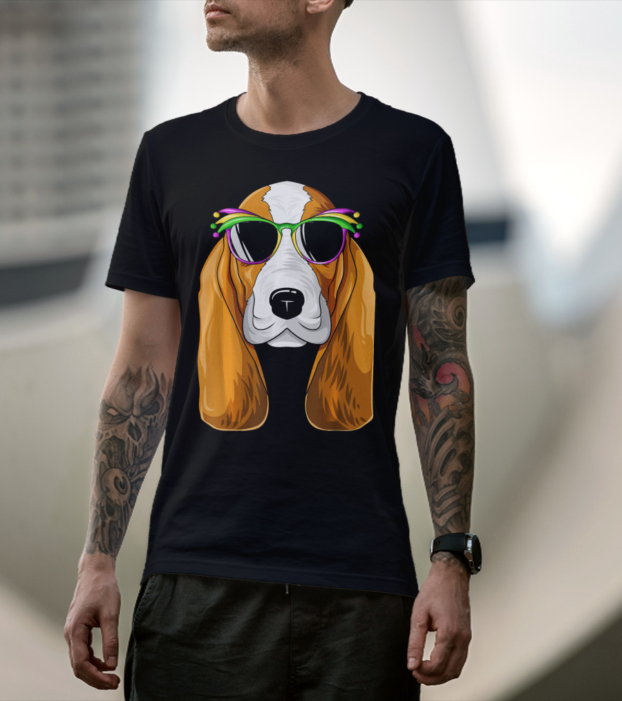 Basset Hound With Mardi Gras Carnival Mask And Sunglasses T-Shirt