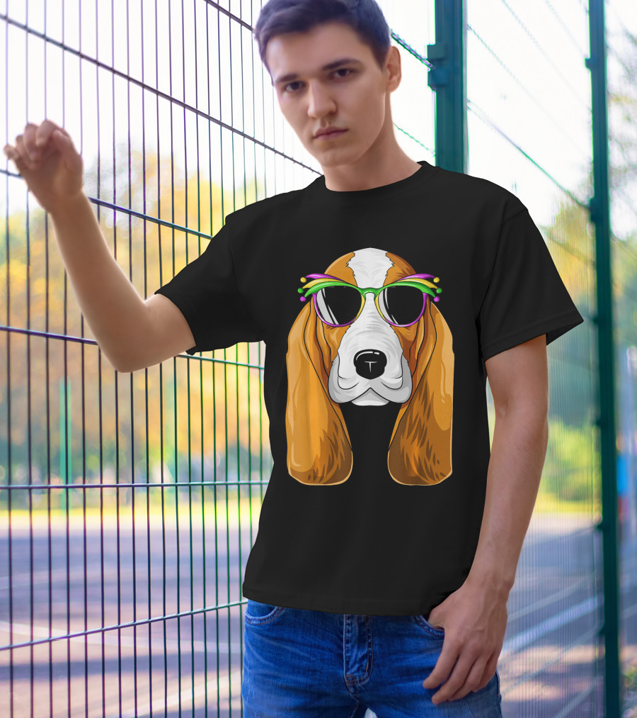 Basset Hound With Mardi Gras Carnival Mask And Sunglasses T-Shirt