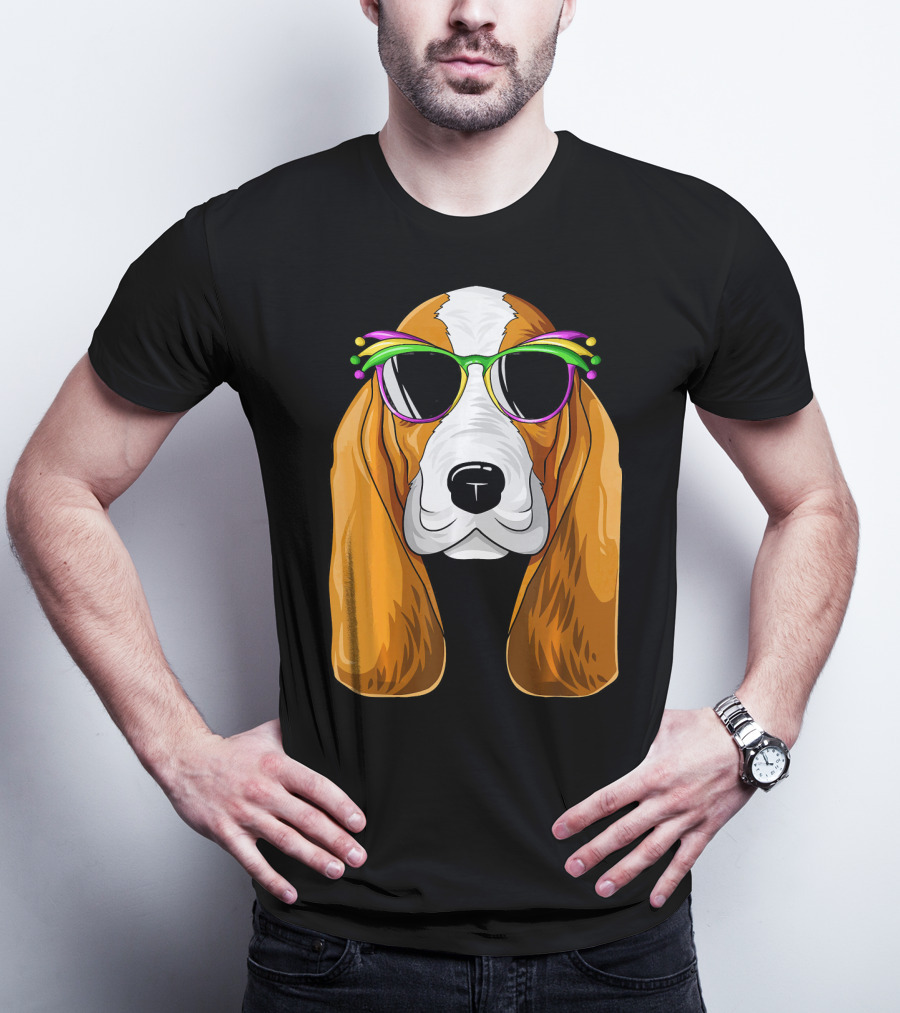 Basset Hound With Mardi Gras Carnival Mask And Sunglasses T-Shirt