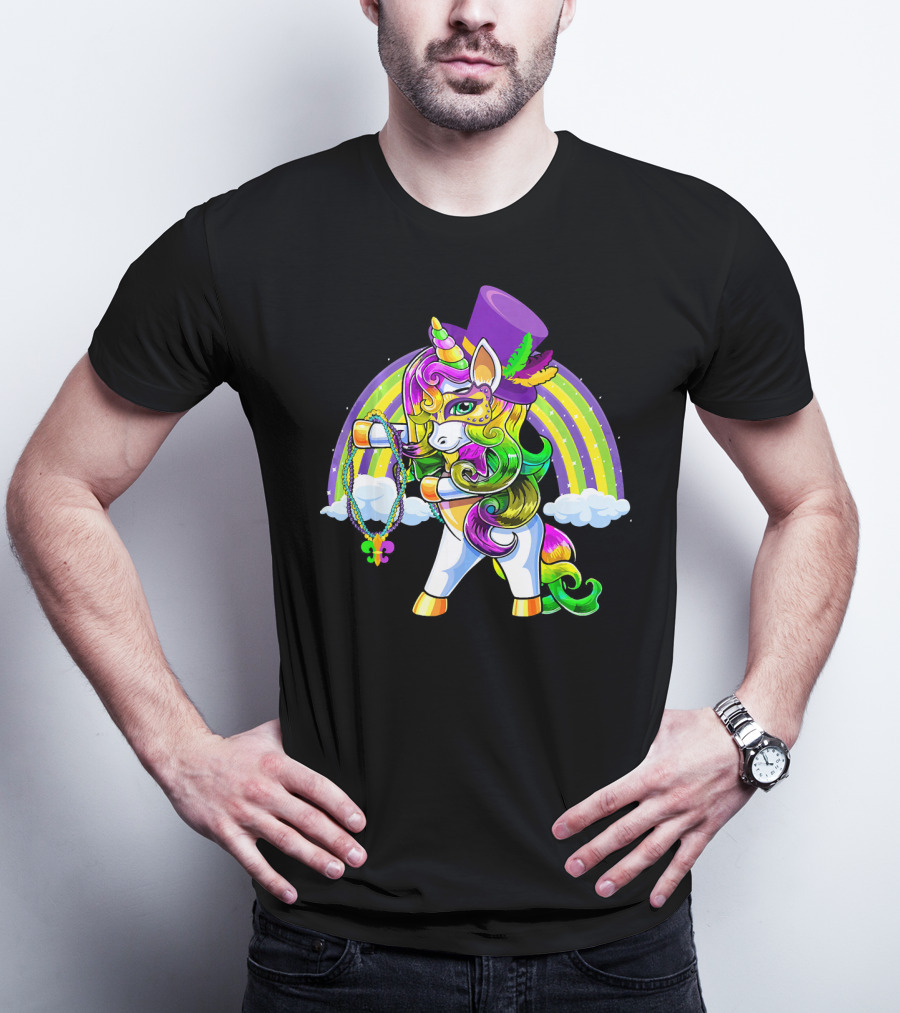 Flossing Unicorn In Top Hat With Rainbow And Mardi Gras Elements T-Shirt