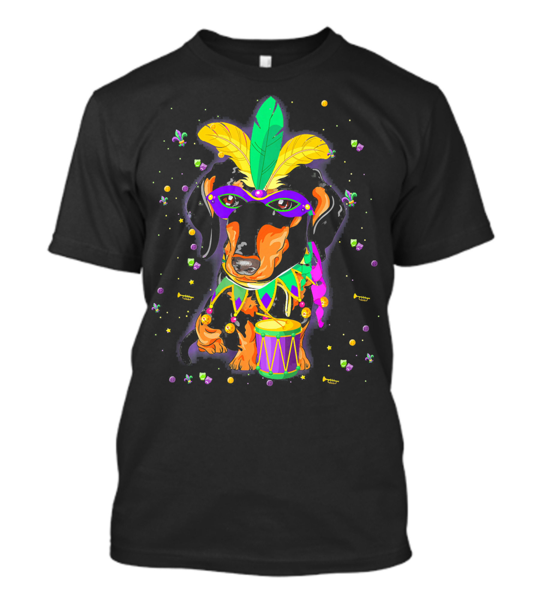 Cute Dachshund In Mardi Gras Mask With Drum And Feathers T-Shirt