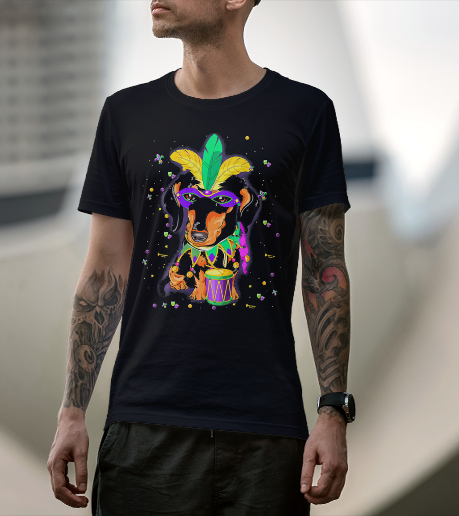 Cute Dachshund In Mardi Gras Mask With Drum And Feathers T-Shirt