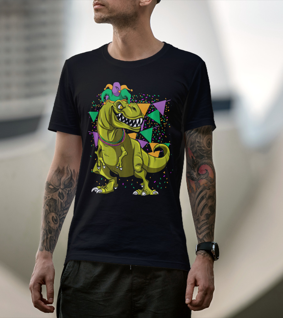 Funny Fat Tuesday Mardi Gras T-Rex Jester With Beads And Confetti T-Shirt