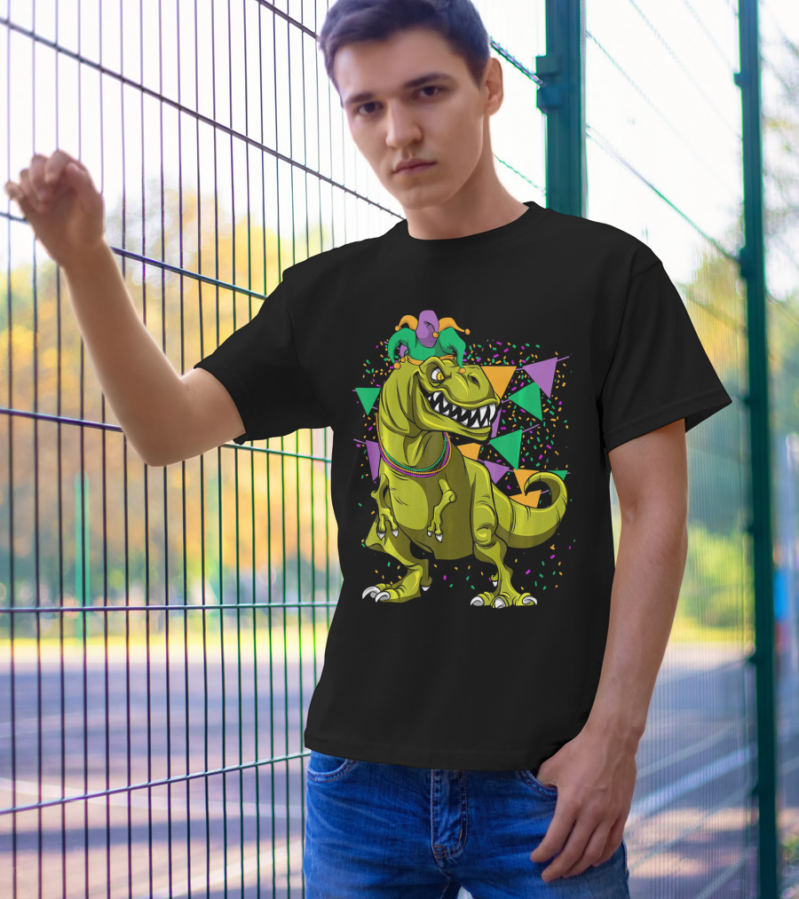 Funny Fat Tuesday Mardi Gras T-Rex Jester With Beads And Confetti T-Shirt