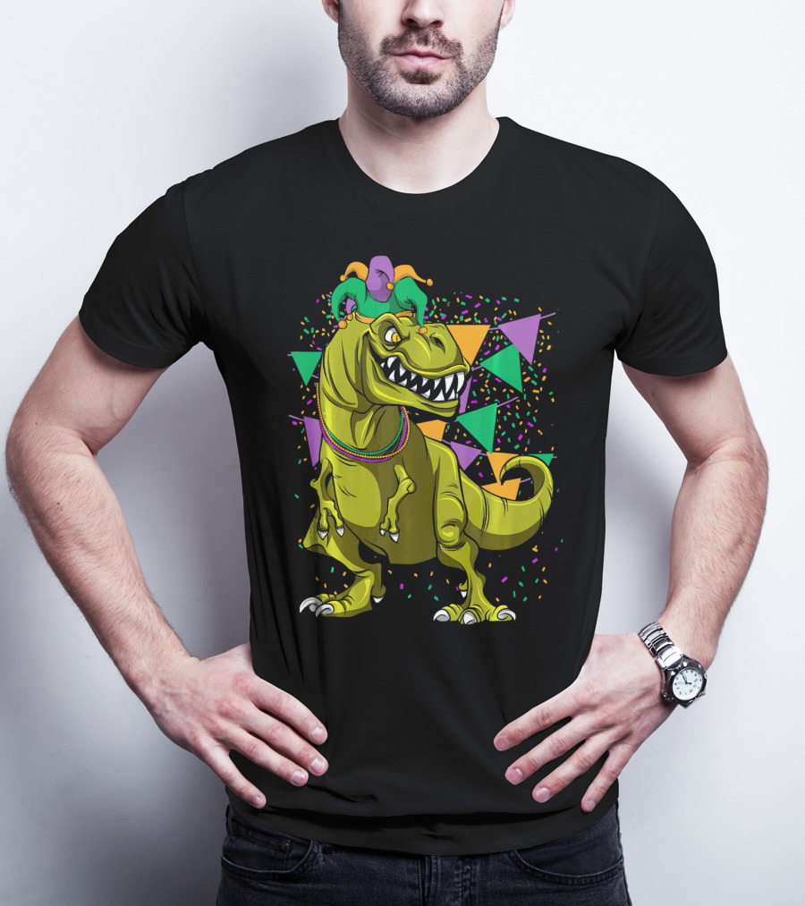 Funny Fat Tuesday Mardi Gras T-Rex Jester With Beads And Confetti T-Shirt
