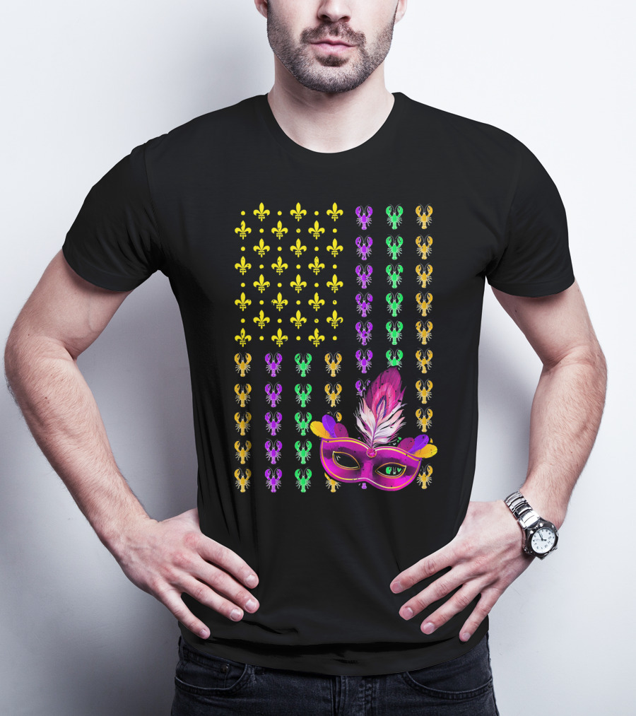 Crawfish Fleur-de-Lis Mardi Gras Mask American Flag T-Shirt