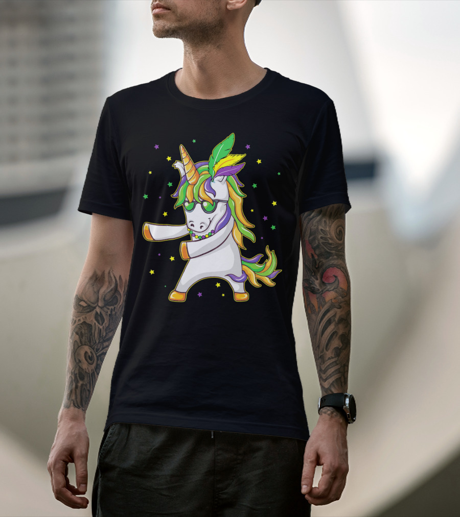 Mardi Gras Unicorn Dabbing And Flossing Colorful Festive Dance T-Shirt