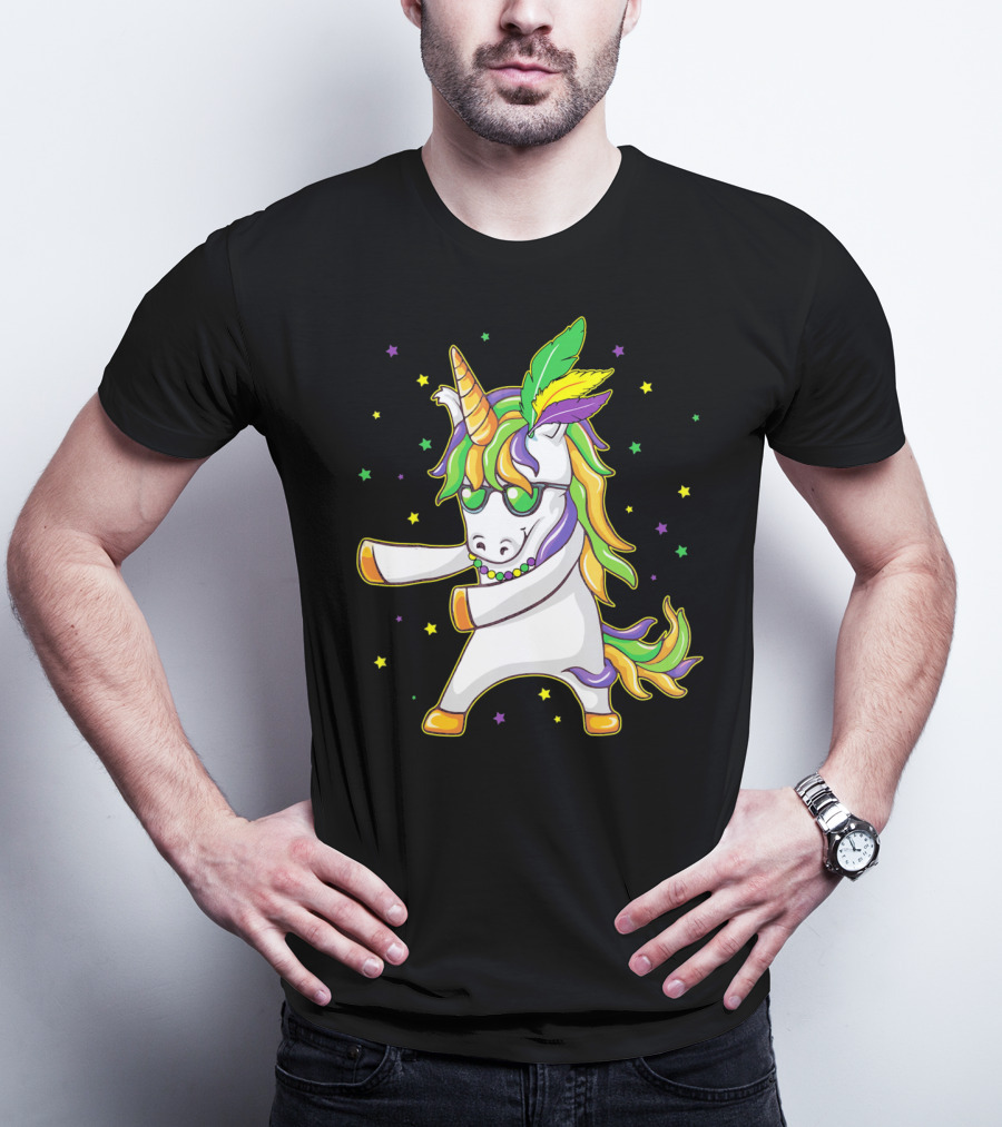 Mardi Gras Unicorn Dabbing And Flossing Colorful Festive Dance T-Shirt