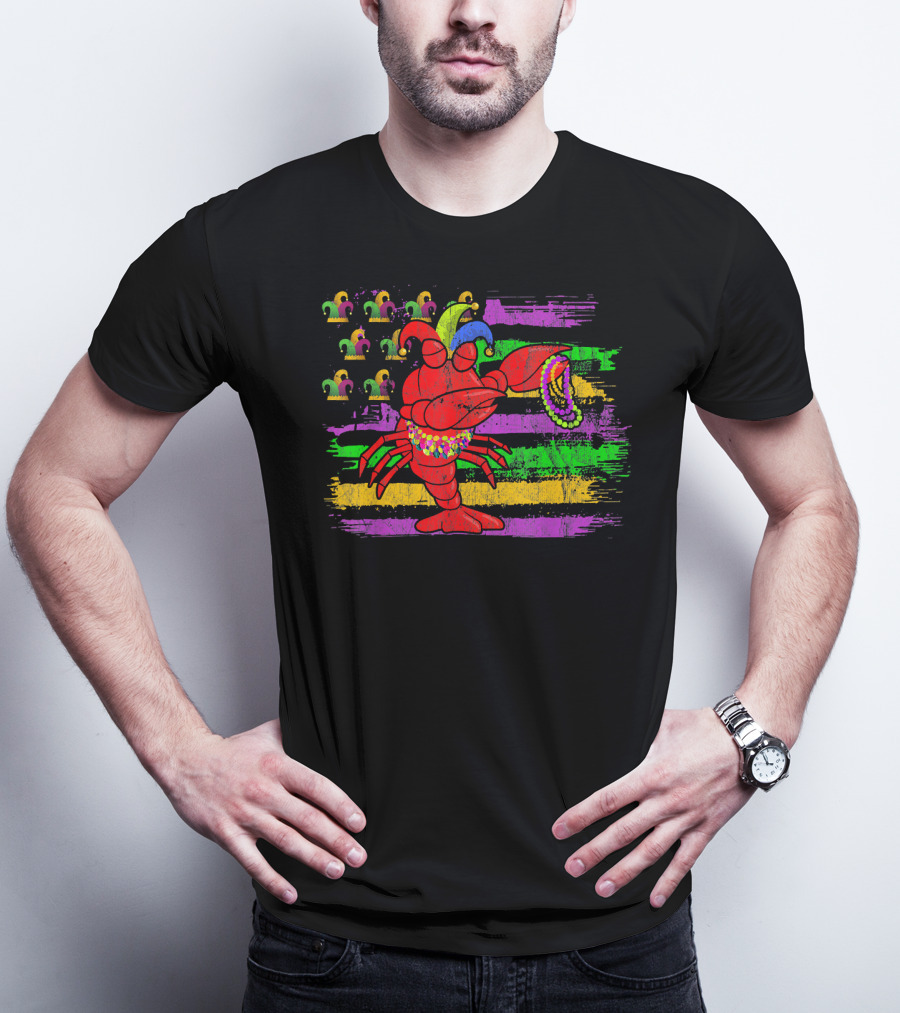 Lobster With Beads And Jester Hats On Mardi Gras Flag Background T-Shirt