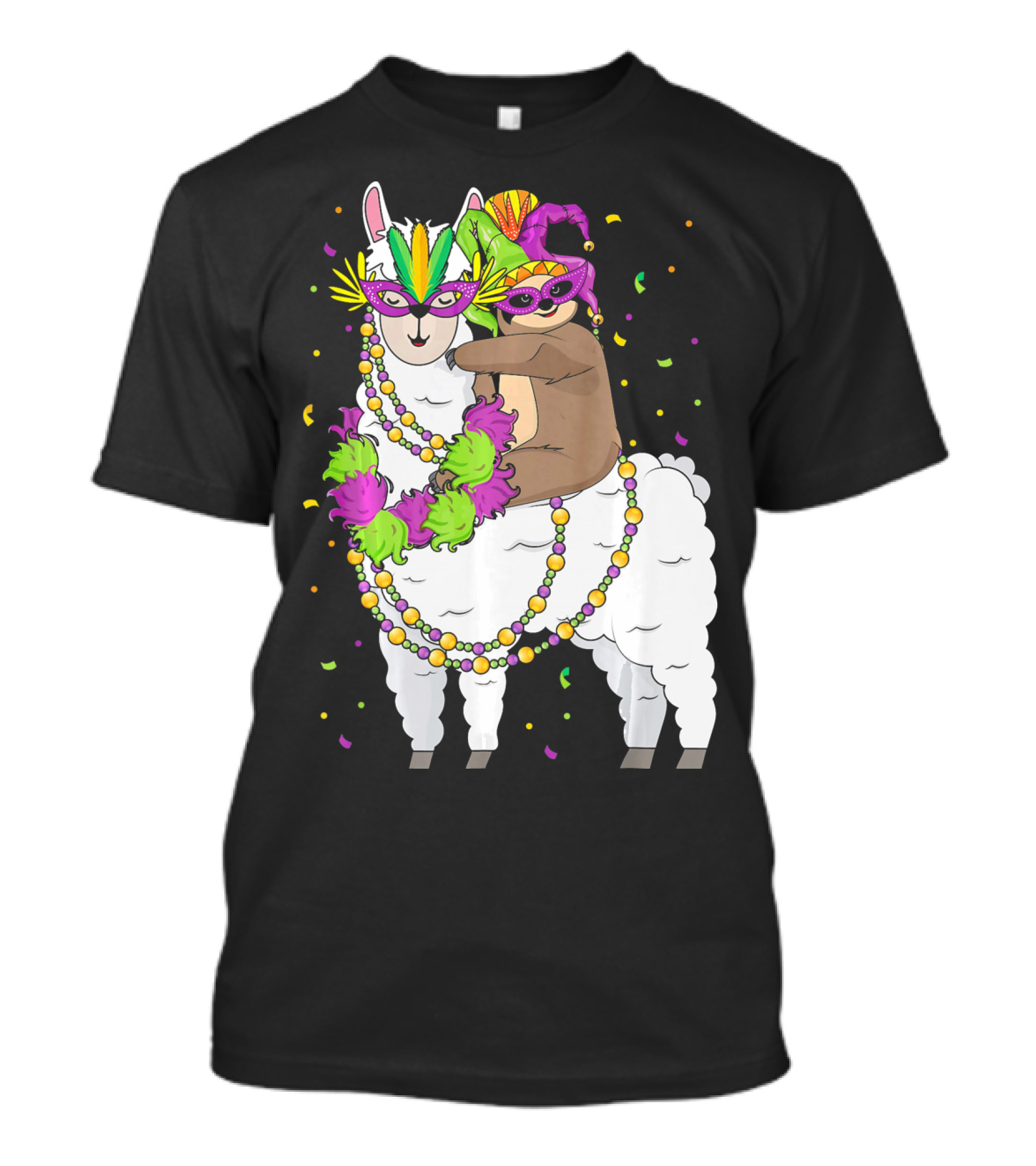 Llama Masked With Beads And Confetti Sloth Mardi Gras T-Shirt