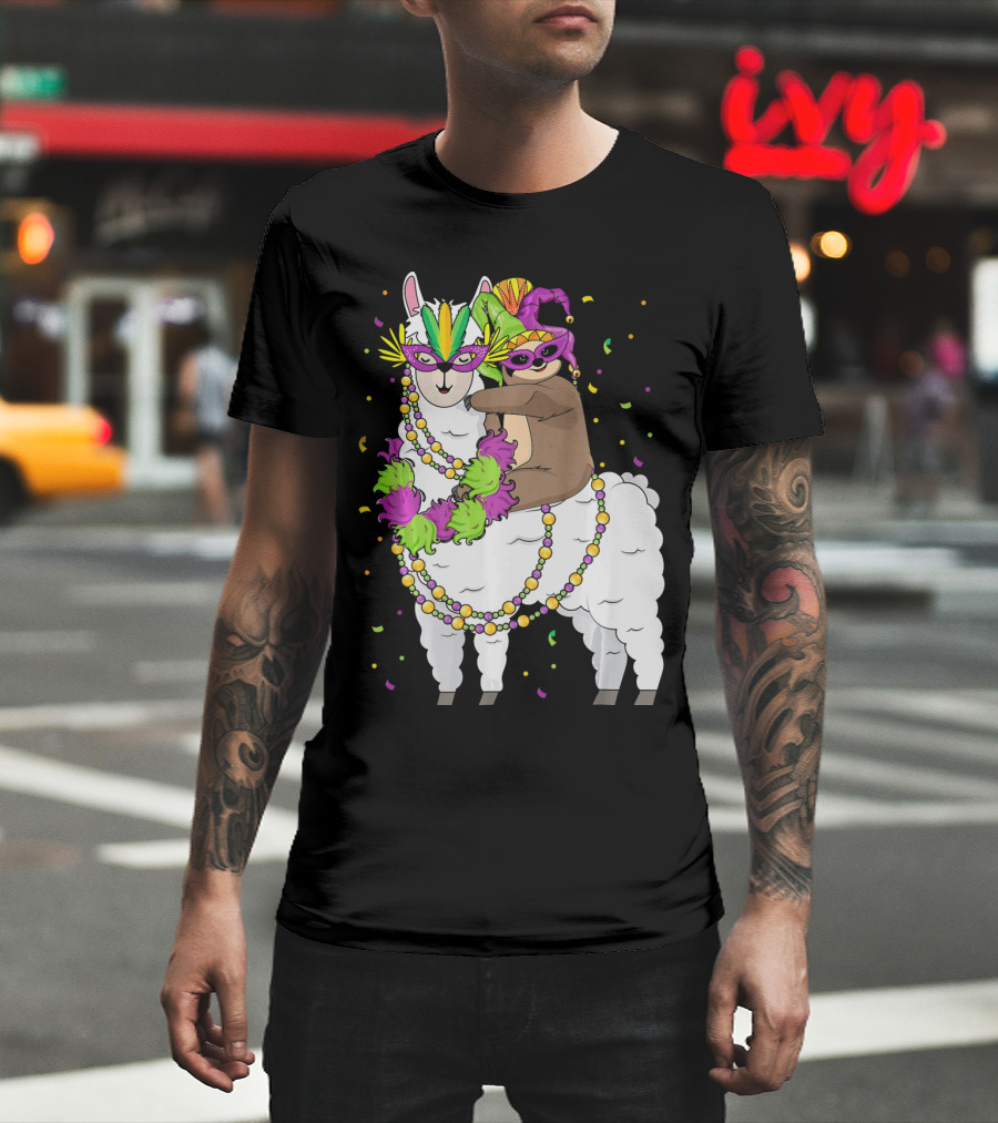Llama Masked With Beads And Confetti Sloth Mardi Gras T-Shirt