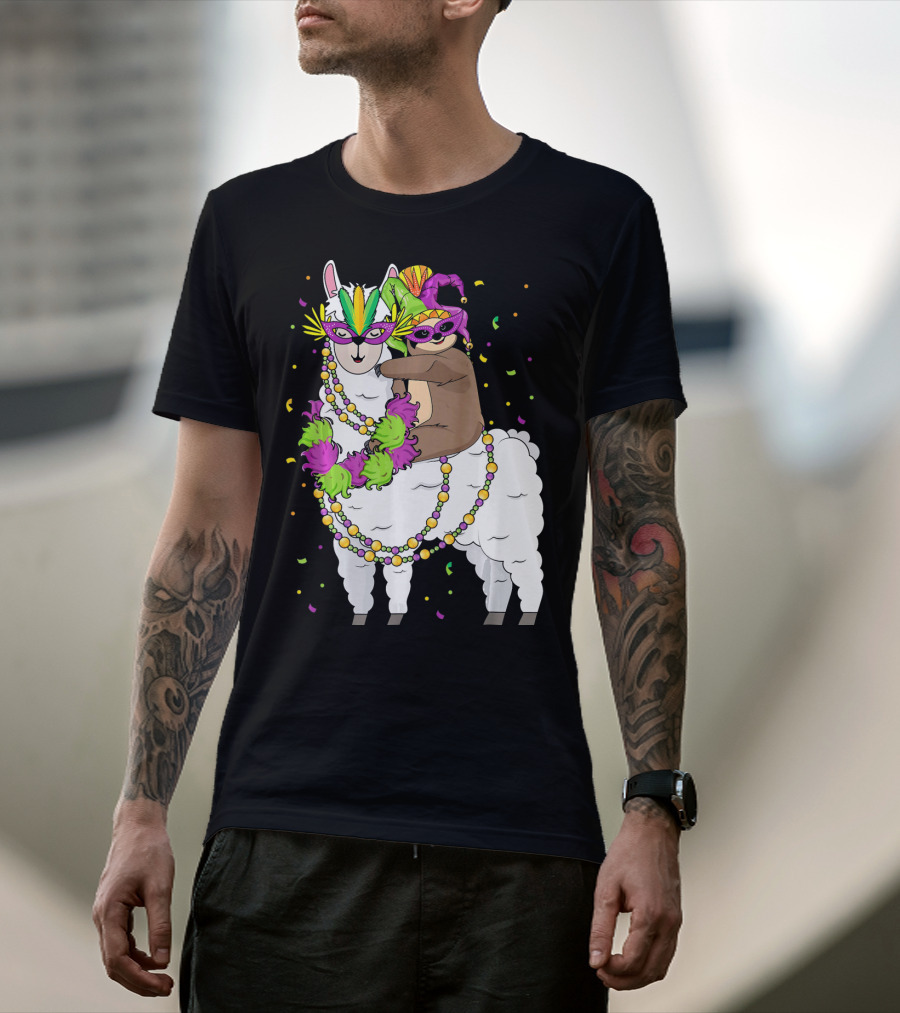 Llama Masked With Beads And Confetti Sloth Mardi Gras T-Shirt