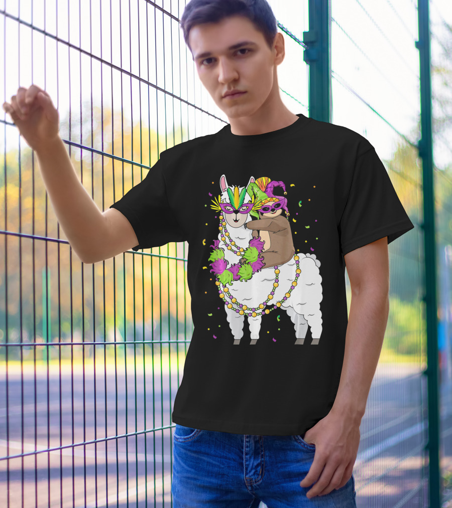 Llama Masked With Beads And Confetti Sloth Mardi Gras T-Shirt