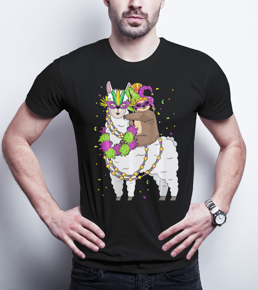 Llama Masked With Beads And Confetti Sloth Mardi Gras T-Shirt
