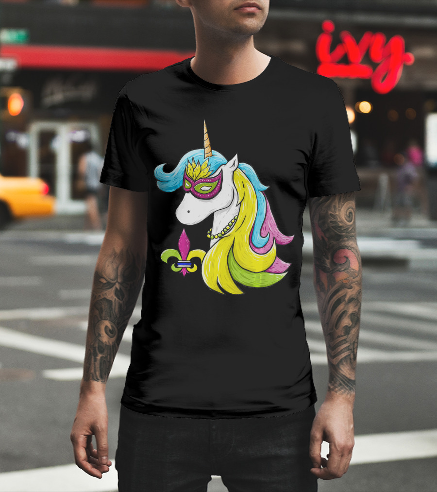 Mardi Gras Unicorn Mask With Fleur-de-Lis And Colorful Hair Fat Tuesday T-Shirt